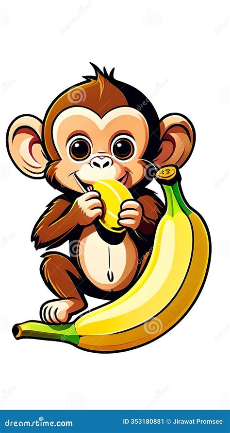 Cute Monkey Eating Banana Cartoon Contour Vector On White Background
