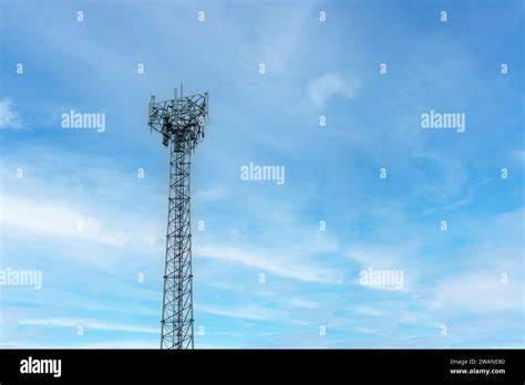 Internet Signal Tower Or Mobile Phone Signal Tower Is Isolated On Blue