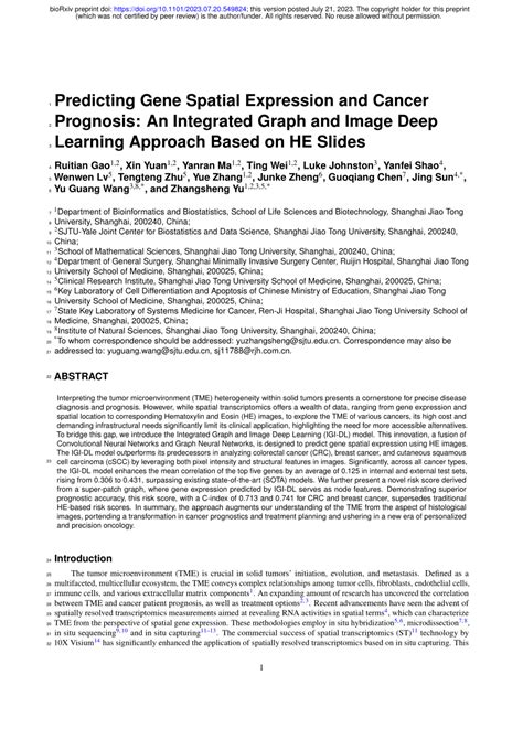 Pdf Predicting Gene Spatial Expression And Cancer Prognosis An Integrated Graph And Image