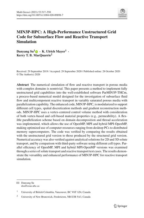 PDF MIN3P HPC A High Performance Unstructured Grid Code For