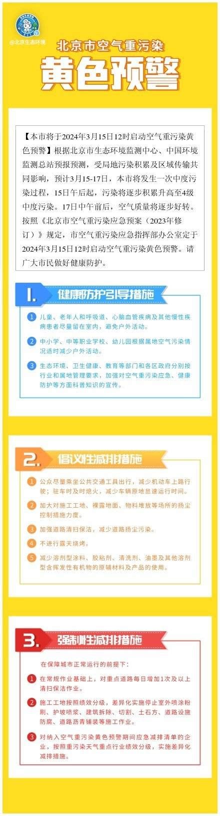 北京市将于明日12时启动空气重污染黄色预警应急监测中心