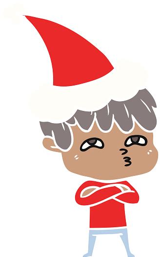 산타 모자를 쓴 호기심 많은 남자의 손으로 그린 평면 컬러 그림 낙서 드로잉에 대한 스톡 벡터 아트 및 기타 이미지 낙서