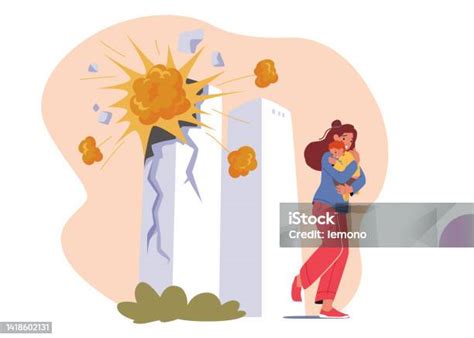 폭발하는 건물 타워에서 도망 치는 손에 아기를 가진 무서워하는 여자 전쟁과 도시 파괴를 두려워하는 사람들 깨짐에 대한 스톡 벡터