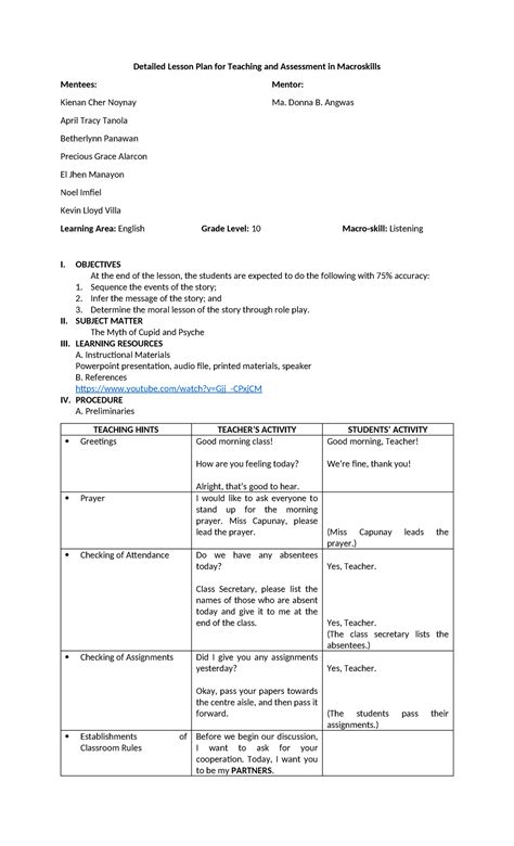 Detailed Lesson Plan For Teaching And Assessment In Macroskills 093216