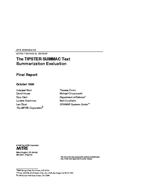 Tipster Text Summarization Evaluation Conference Summac Final Report