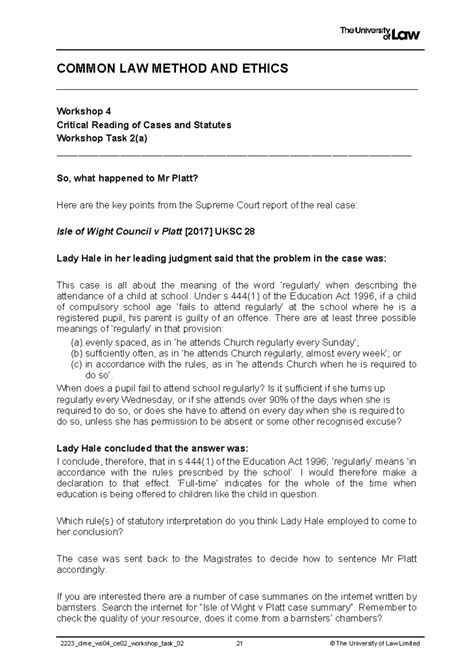 2223 Clme Ws04 Ce02 Workshop Task 02 A COMMON LAW METHOD AND ETHICS
