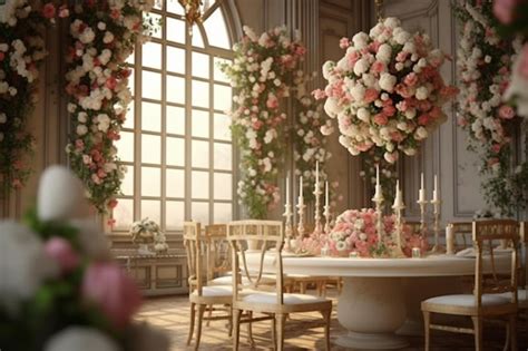 Premium Ai Image There Are Many Chairs And Tables With Flowers On Them In A Room Generative Ai