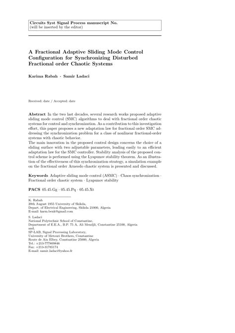 Pdf A Fractional Adaptive Sliding Mode Control Configuration For Synchronizing Disturbed
