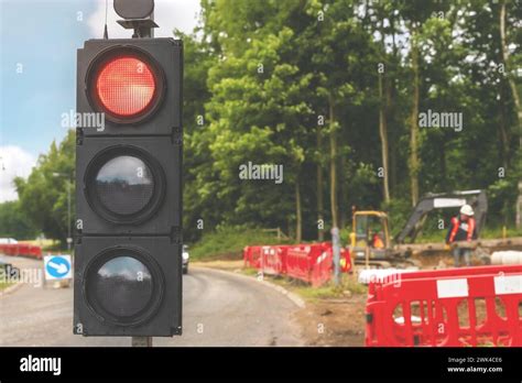 Temporary Traffic Light Installed On Road Closure Due To Road Works Or