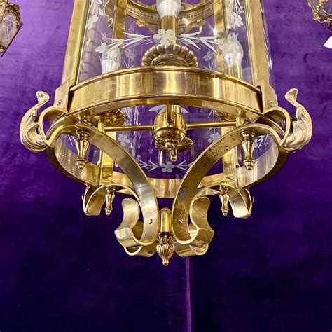Brass Lantern With Frosted Etched Glass Delos Antiques