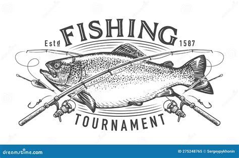 Fishing Tournament Emblem Caught Large Fish And Crossed Fishing Rods