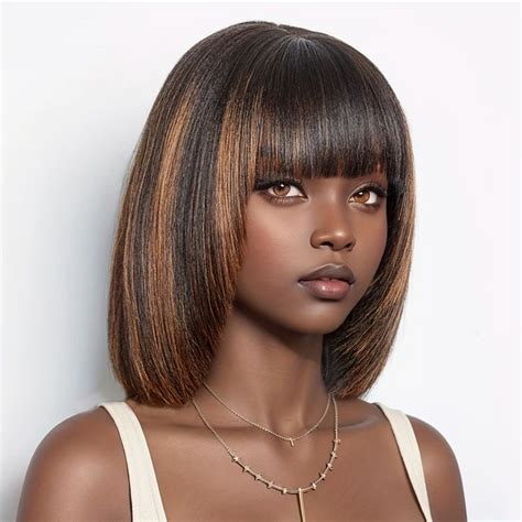 Temu｜14 Straight Bob Wig With Bangs Glueless Hd Lace Human Hair Bob