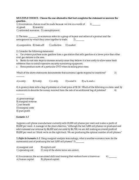 Test 1 Questions MULTIPLE CHOICE Choose The One Alternative That
