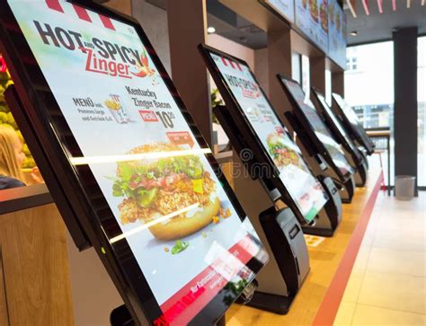 Fast Food Restaurant Self Service Kiosks With Digital Screens Editorial