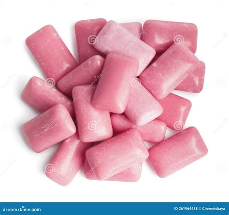 Heap Of Tasty Sweet Chewing Gums On White Background Top View Stock