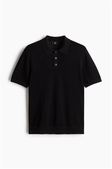 Тениска с рехава плетка и яка Regular Fit Черен МЪЖЕ Handm Bg