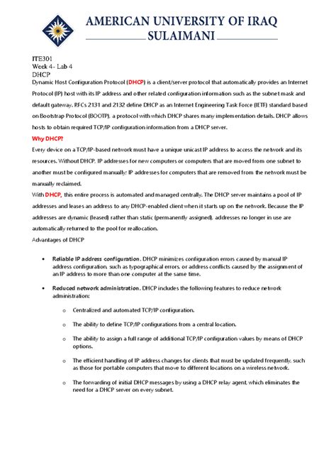 Full Lab 4 Dhcp Ite Week 4 Lab 4 Dhcp Dynamic Host Configuration