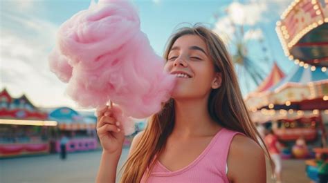 A Woman Holding A Pink Cotton Candy Floss Perfect For Fairgrounds Or Festivals Premium Ai