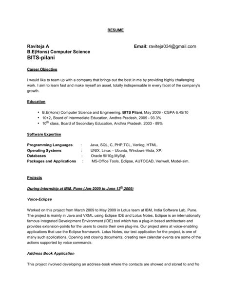 Computer Science Resume Raviteja A