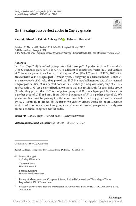 On The Subgroup Perfect Codes In Cayley Graphs Request Pdf