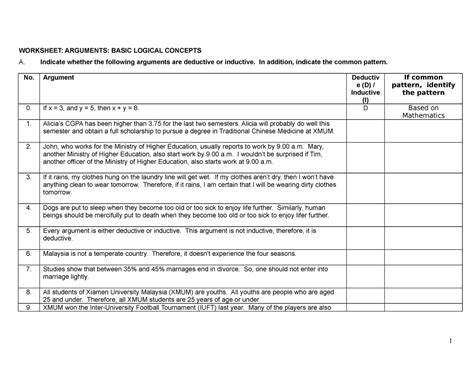 Worksheets A D On Arguments WORKSHEET ARGUMENTS BASIC LOGICAL CONCEPTS A Indicate Whether