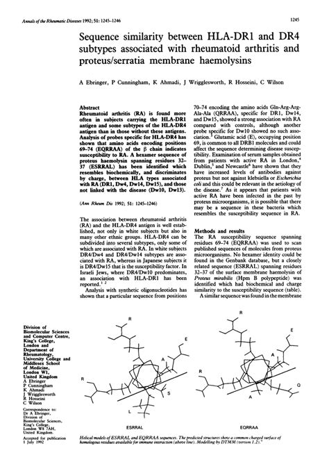 Sequence Similarity Between Hla Dr1 And Dr4 Subtypes Associated With Rheumatoid Arthritis And