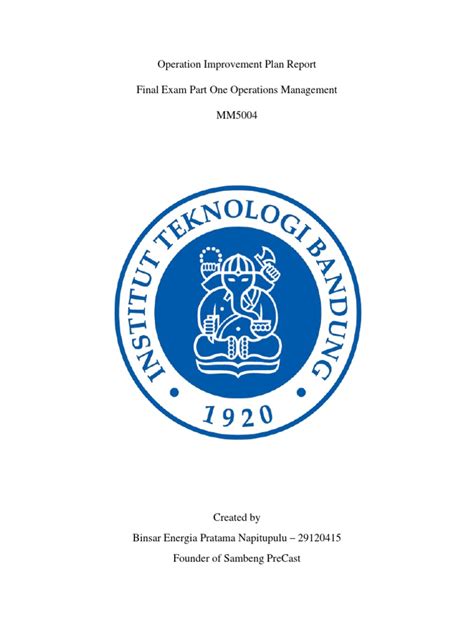 Operation Improvement Plan Report Final Exam Part One Operations