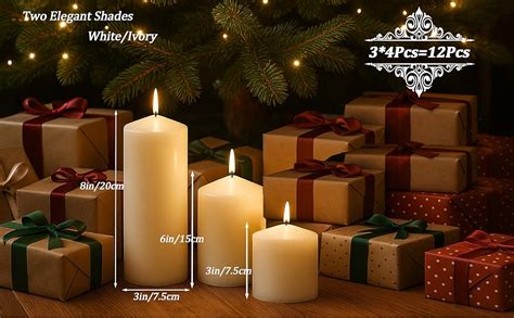 Veiuwa 12 Pack Ivory Pillar Candles Bulk Set 3x3 3x6 3x8