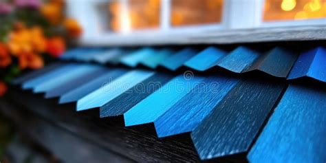 Vibrant Blue Roof Shingles With Orange Flowers In Background At Sunset