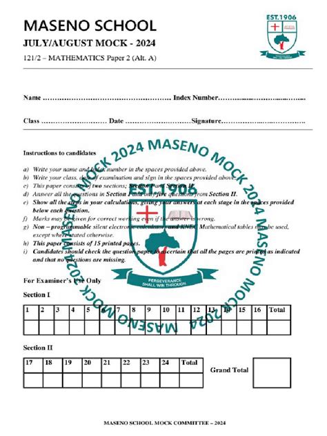 Maseno Mock Maths Pp2 2024 Pdf