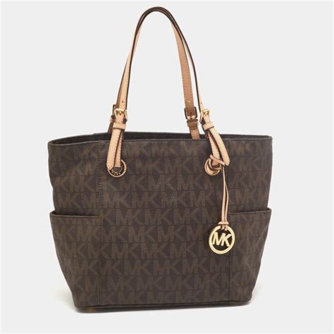 MICHAEL Michael Kors Dark Brown Signature Coated Canvas And Leather Jet Set Tote Michael Kors