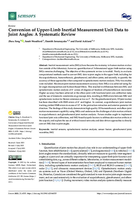 Pdf Conversion Of Upper Limb Inertial Measurement Unit Data To Joint Angles A Systematic Review