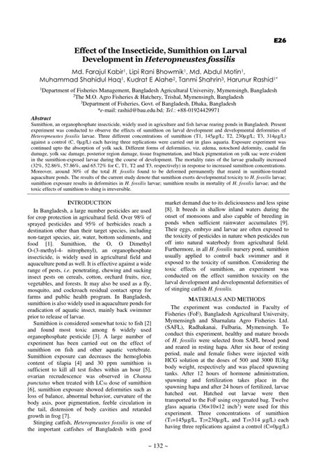 Pdf Effect Of The Insecticide Sumithion On Larval Development In