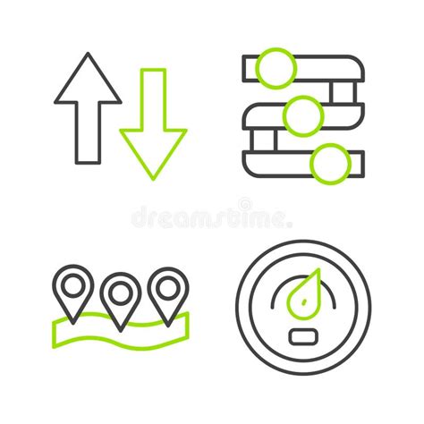 Set Line Digital Speed Meter Location Graph Chart Diagram And Arrow Icon Vector Stock