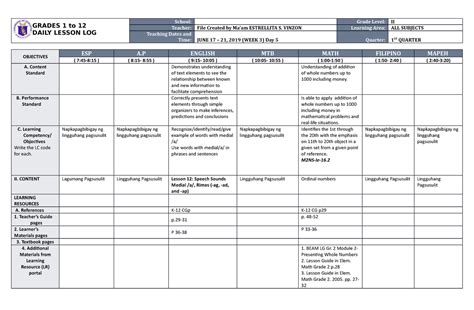 Dll All Subjects 2 Q1 W3 D5 Grades 1 To 12 Daily Lesson Log School