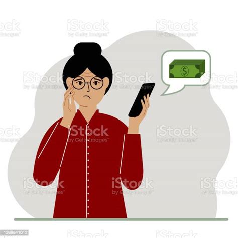 슬픈 한 여성이 돈에 관한 메시지를 받은 전화를 들고 있다 온라인 수입 이익 또는 소득 손실의 개념 금융에 대한 스톡 벡터 아트