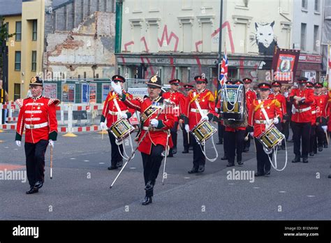 Members Of The Orange Lodge Parade Through The Streets Of Liverpool UK
