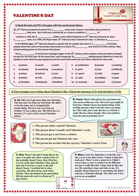 Valentines Day English Esl Worksheets