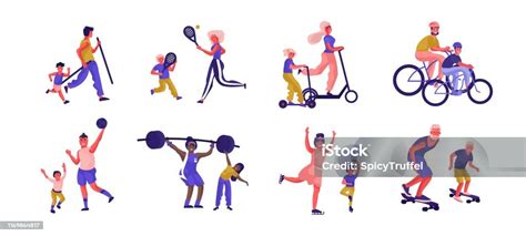 1905m30i210n011sc121177019026 부모와 자녀 스포츠 활동 만화 활성 가족 캐릭터 는 게임을하고 함께 시간을 보내고 벡터 플랫 장면 가족에 대한 스톡