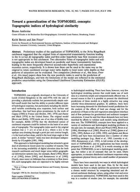 Pdf Toward A Generalization Of The Topmodel Concepts Topographic Indices Of Hydrological