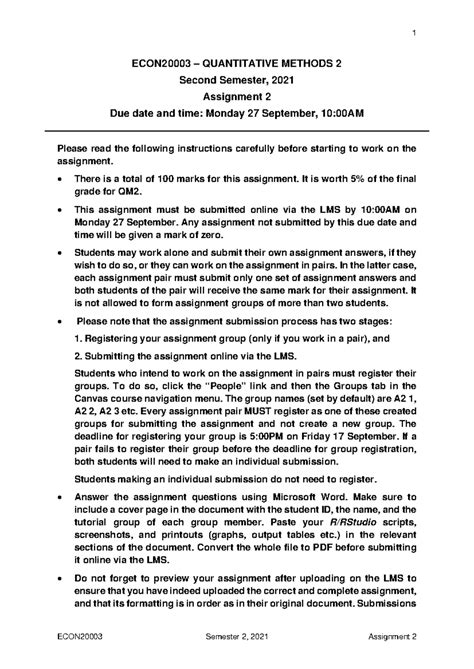 assignment 2 questions and instructions econ20003 quantitative methods 2 second semester