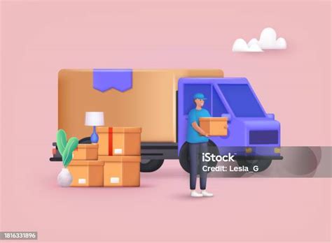 배달원과 추적 온라인 배송 서비스 개념 온라인 주문 추적 가정 및 사무실 배달 움직이는 트럭과 마분지 상자 이사하는 집 운송
