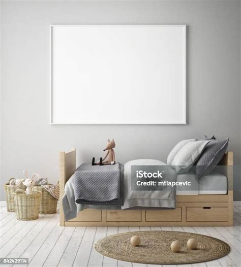 어린이 침실 스칸디나비아 스타일 인테리어 배경 3d 렌더링 포스터 프레임을 모의 아이에 대한 스톡 사진 및 기타 이미지 아이 형판 아기 Istock