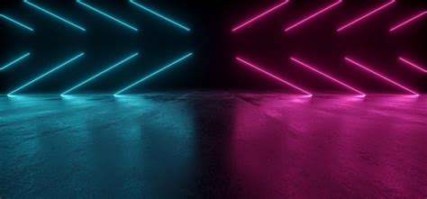 네온 조명 공상 과학 소설 미래 화살표 모양의 활기찬 보라색 파란색 그런 지 콘크리트 바닥 천장 지하 차고 터널 복도 어두운 빈 가상 3d 렌더링에 빛나는 0명에 대한 스톡