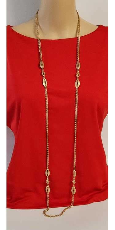 Victorian French Extra Long Chain Necklace Gold Tone Gem
