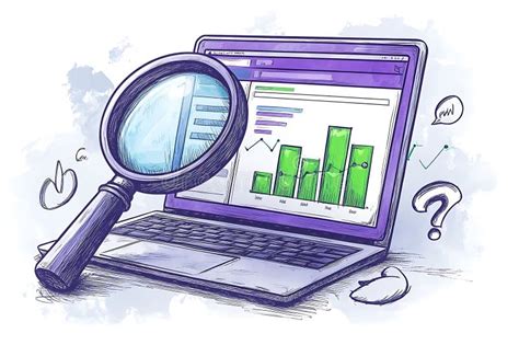 Analyzing Financial Data With Magnifying Glass On Laptop Screen Business Illustration Stock