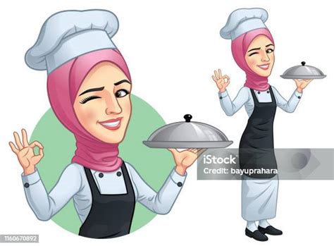 การ์ตูนมุสลิมหญิงเชฟกับฮิญาบ ภาพประกอบสต็อก ดาวน์โหลดรูปภาพตอนนี้ Modest Clothing Religious