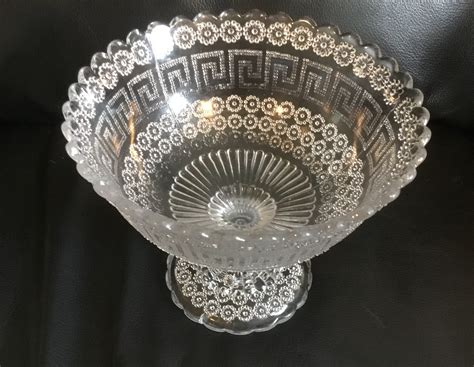Pressed Glass Compot Daisy And Greek Key Pattern Davidson