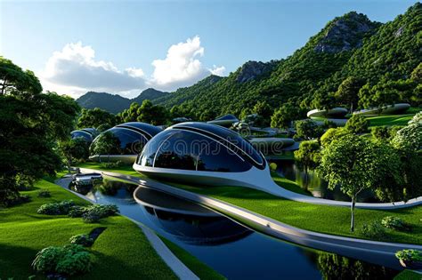 A Visionary Utopian Society Set In A Lush Green Landscape With Futuristic Eco Friendly