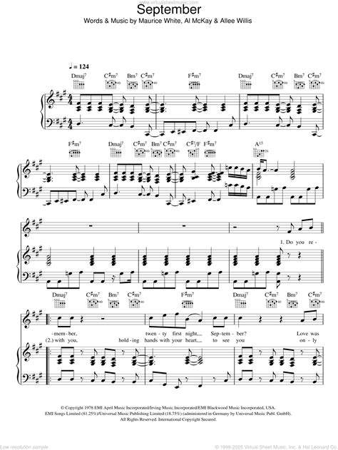 Earth Wind And Fire September Sheet Music For Voice Piano Or Guitar
